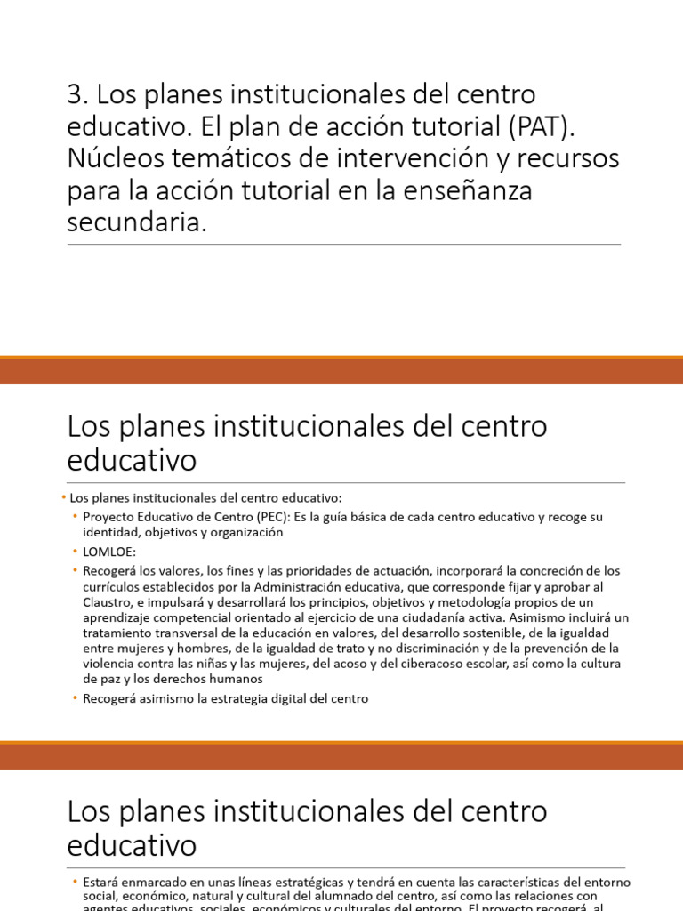 Los Planes Institucionales Del Centro Educativo. El Plan de Acción Tutorial (PAT) | PDF ...
