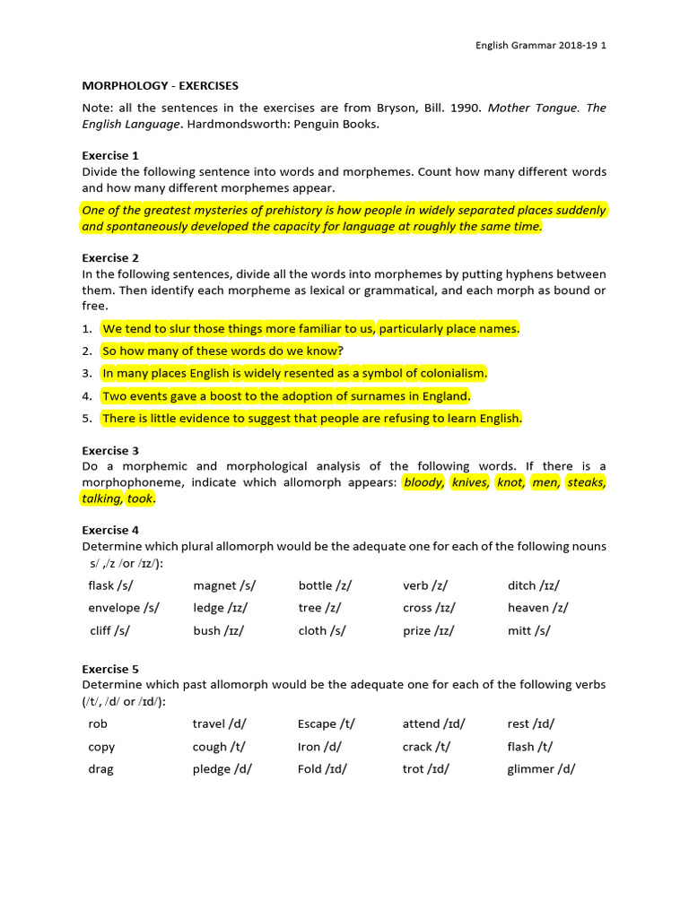 Exercises Morphology With Answers | PDF | Word | Morphology (Linguistics)