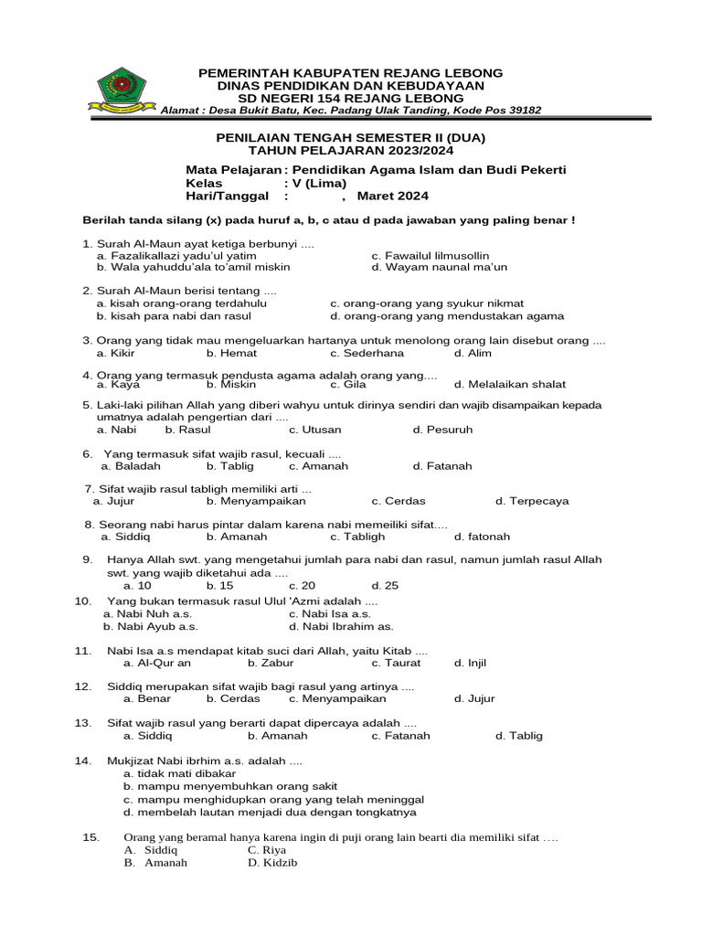 Soal PTS 2024 KLS 5 Semester Genap | PDF