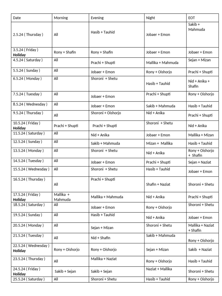 May Duty Schedule & Hours | PDF