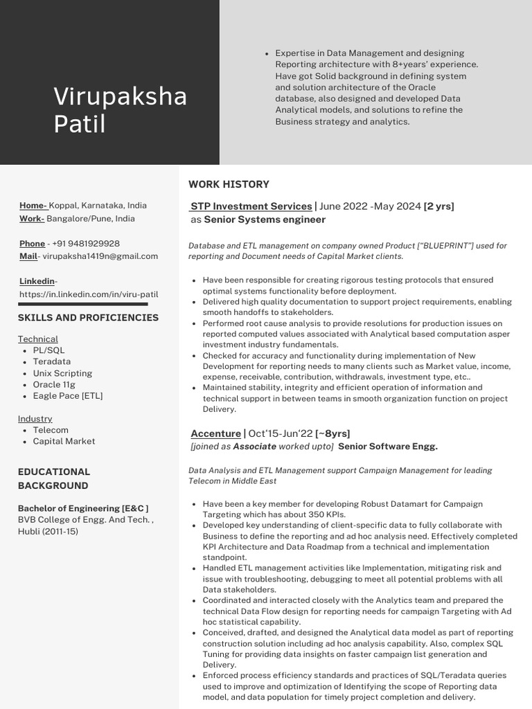 Viru-One Pager Resume A4 - Aug'24 | PDF | Databases | Sql