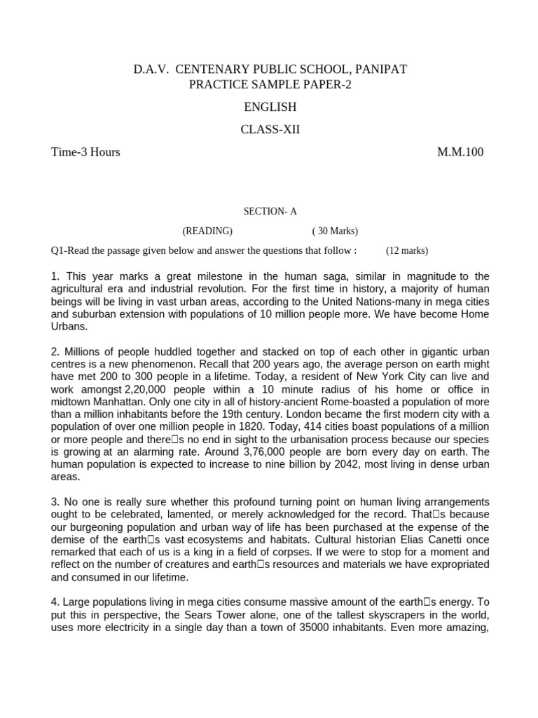 Xii-English-Sample Paper 3 | PDF | Urbanization