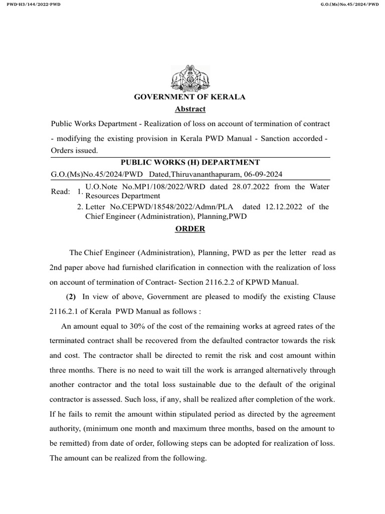 Kerala PWD Contract Termination Policy Update | PDF | Private Law ...