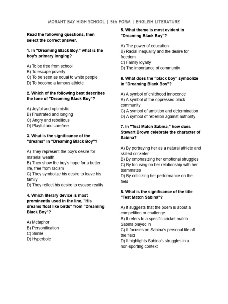 5th Form Class Test | PDF | Poetry