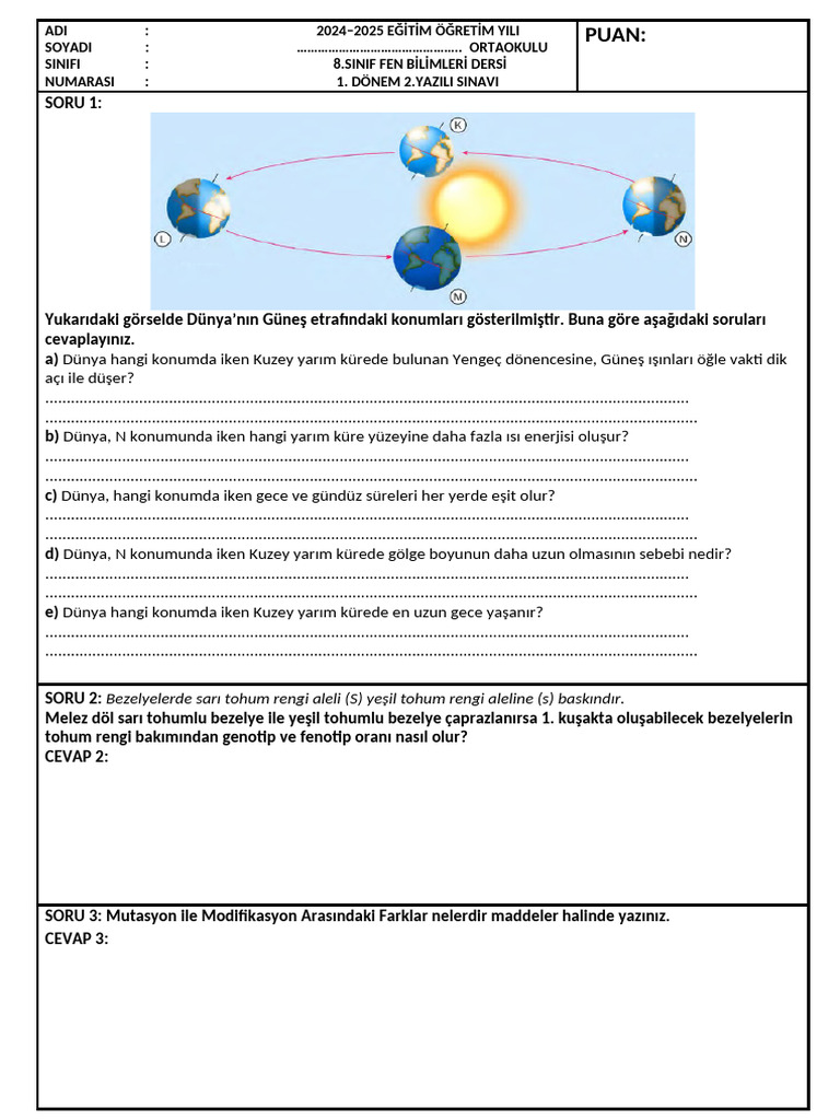 8 Sinif Fen Bil 1 Donem 2 Yazili 1 | PDF