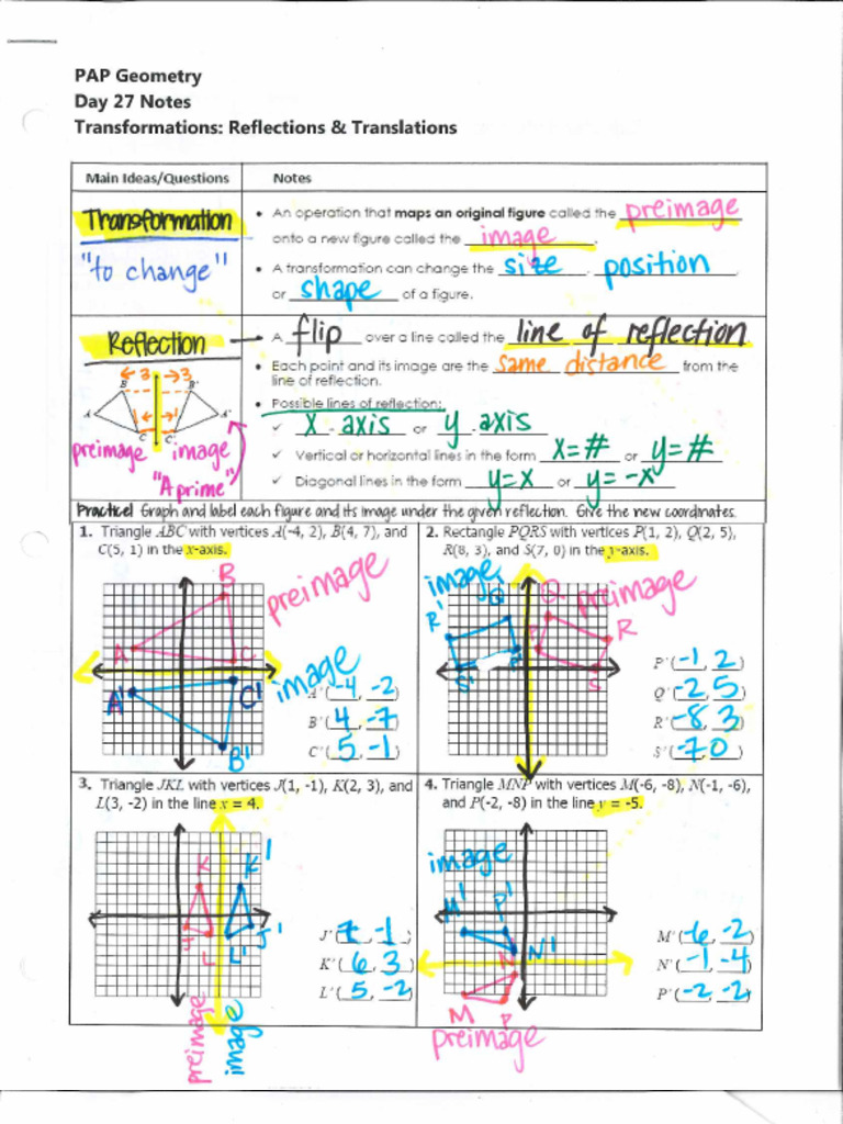 Pap Geometry Day 27 Notes Transformations Reflections and Translations ...