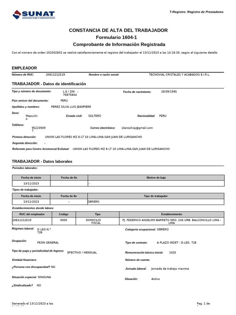 Constancia de Alta del Trabajador | PDF