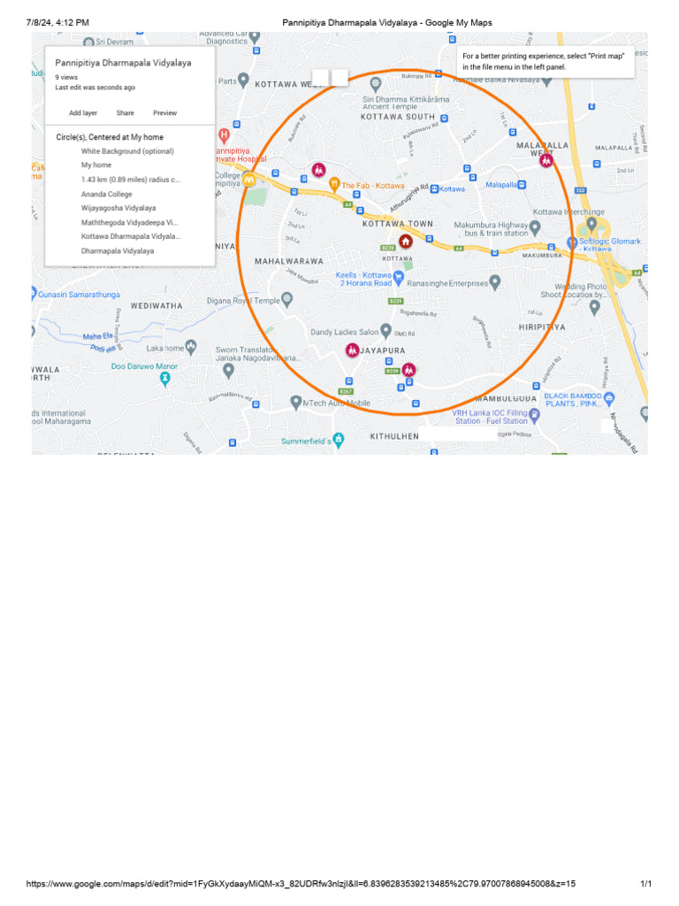 Pannipitiya Dharmapala Vidyalaya - Google My Maps Circle | PDF