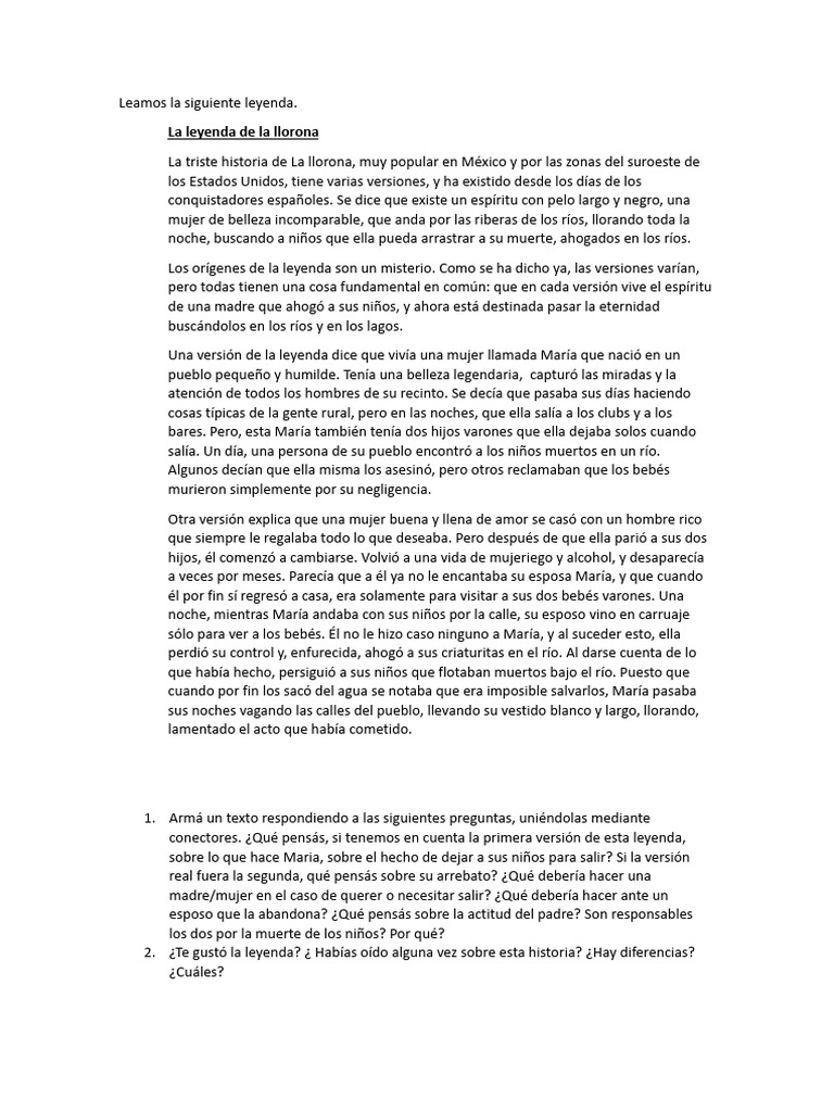 4toaño LIT-La Llorona | PDF | Leyendas