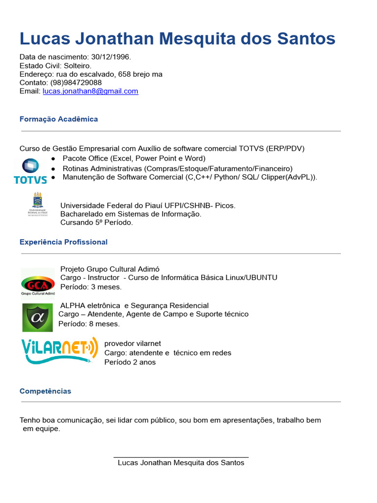 Cópia de Lucas Jonathan Mesquita Dos Santos Curriculo | PDF