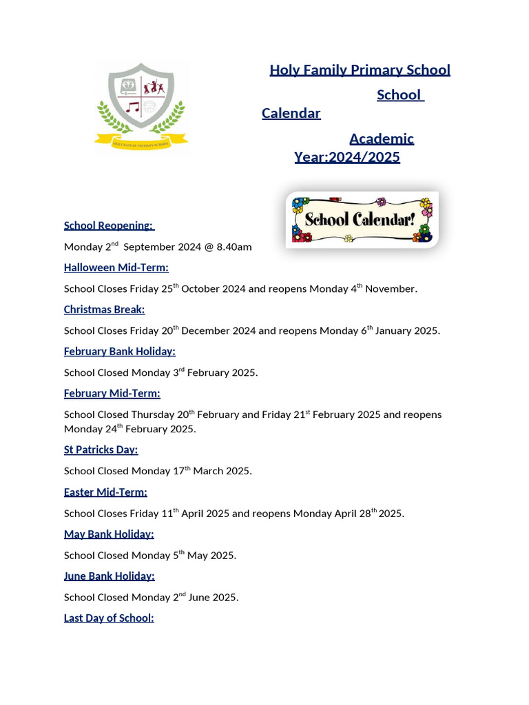 School Calendar 2024 2025 | PDF