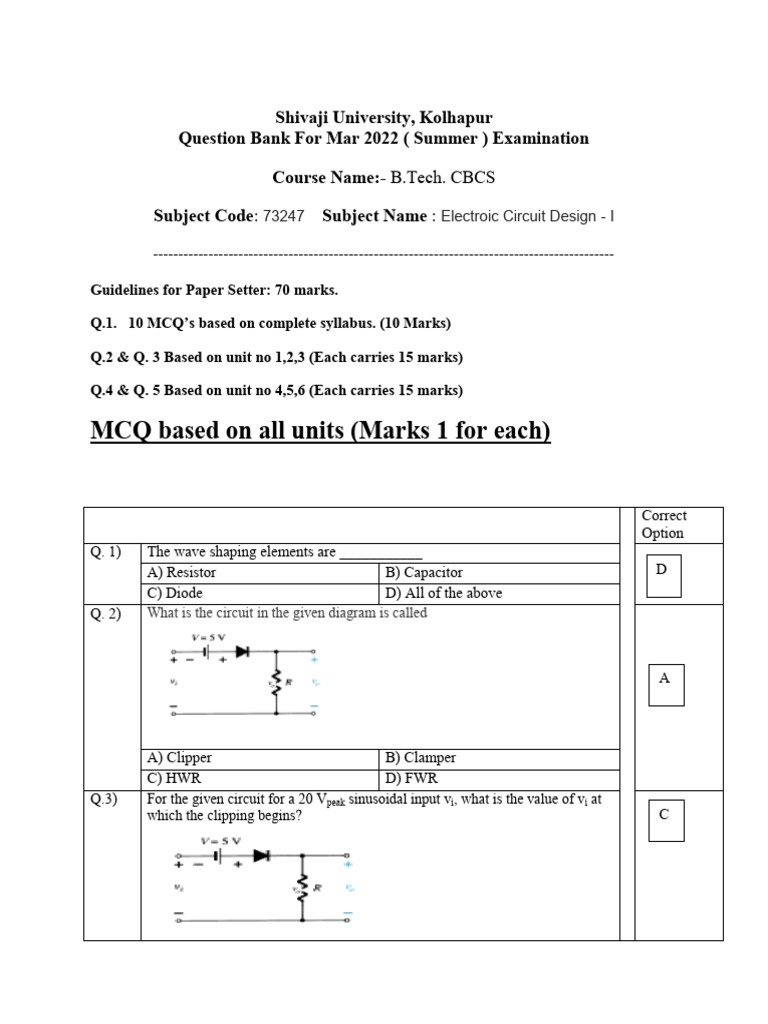 MCQ Based On All Units (Marks 1 For Each) | PDF | Rectifier | Electromagnetism