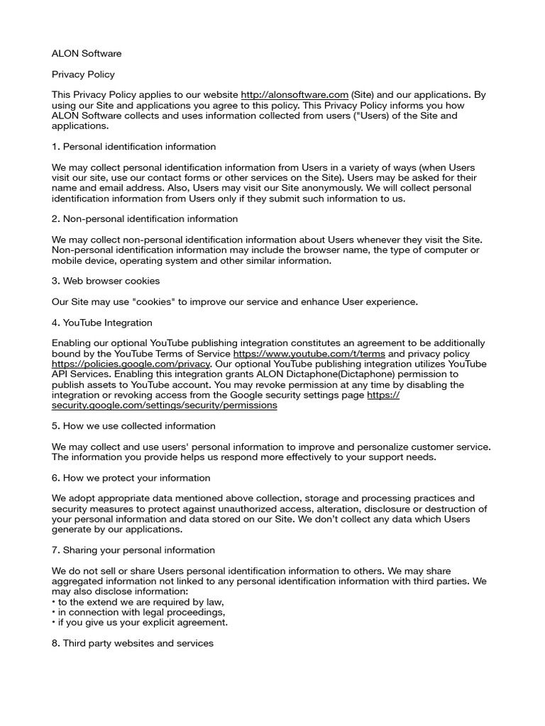 ALON Software Privacy Policy | PDF | Privacy | Http Cookie