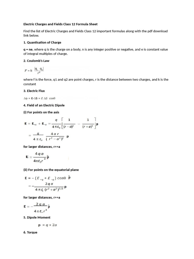 Electric Charges and Fields Class 12 Formula Sheet | PDF | Rectifier ...