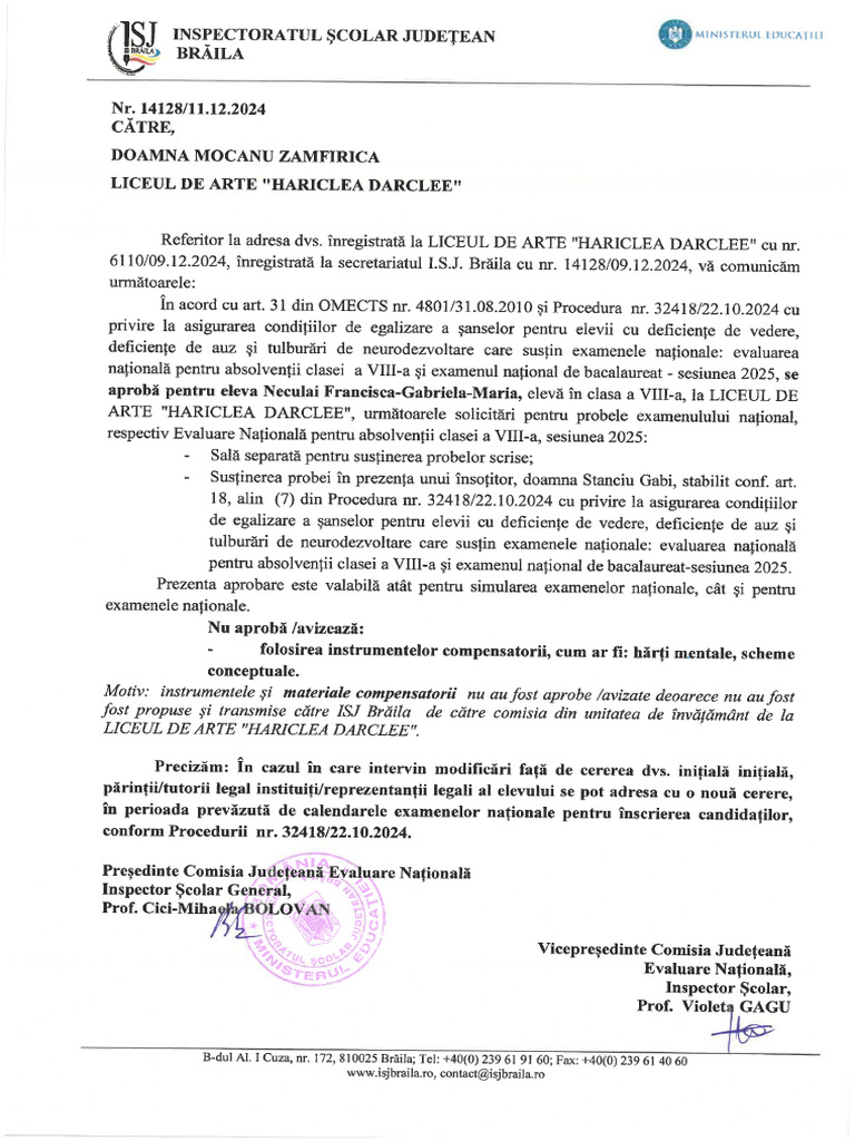 Isj Braila - Aprobare - Conditii Egalizare Sanse En8 - Mocanu Zamfirica ...