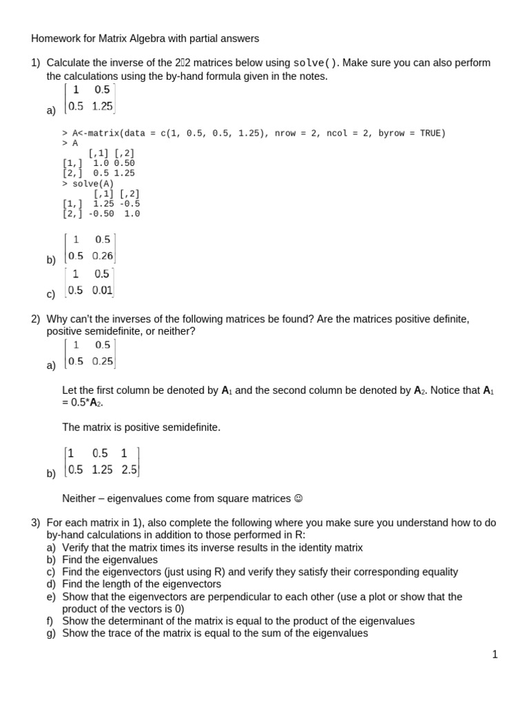 Matrix Algebra Homework Solutions | PDF | Eigenvalues And Eigenvectors ...