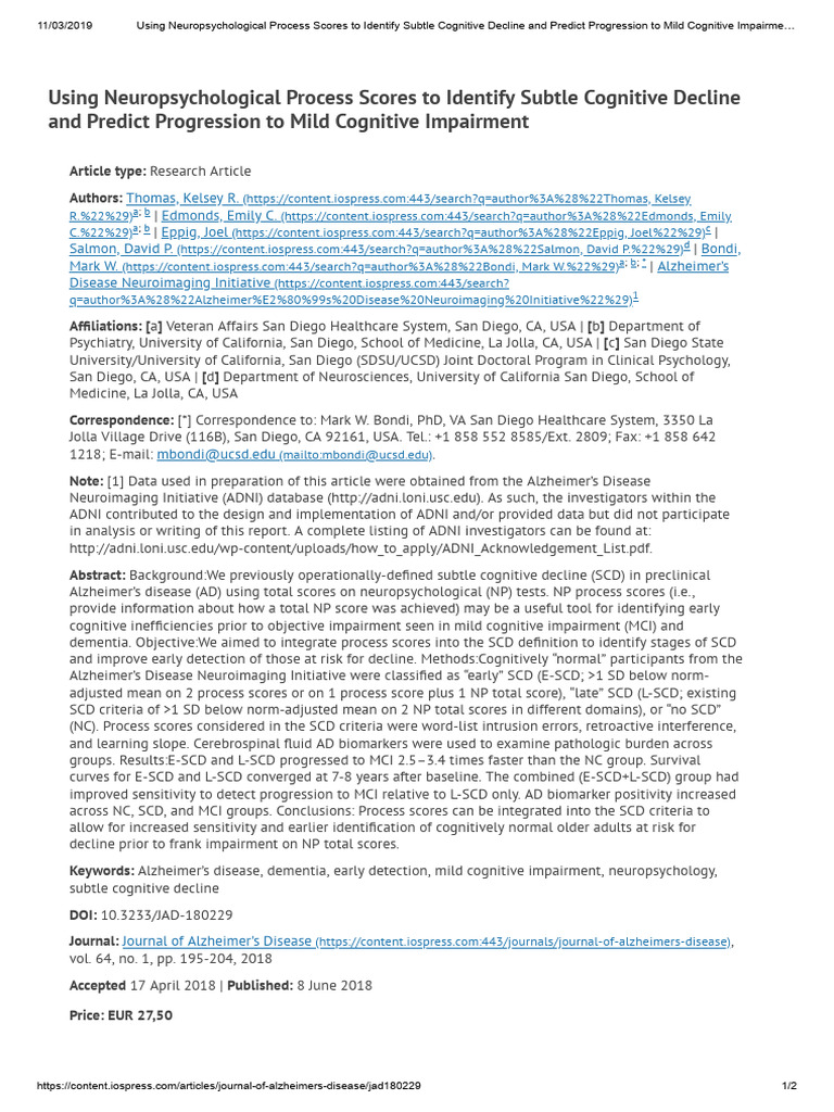 Using Neuropsychological Process Scores To Identify Subtle Cognitive ...