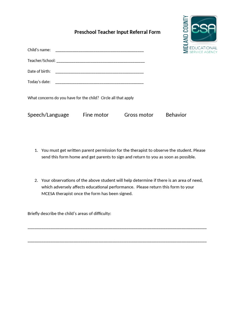 Preschool Referral Form - All Special Education | PDF