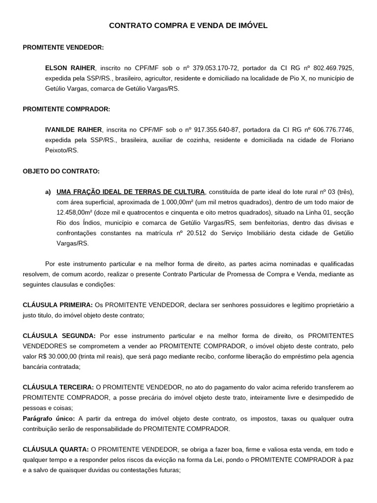 contrato compra e venda IVANILDE RAIHER | PDF | Direito Privado