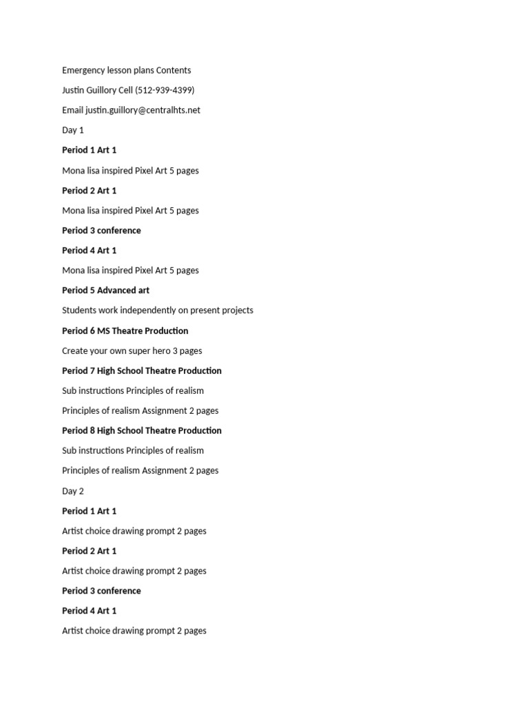 Emergency Lesson Plans Contents | PDF