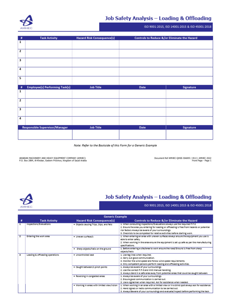 JSA005 Loading and Offloading V0.0 | PDF | Workplace | Occupational ...