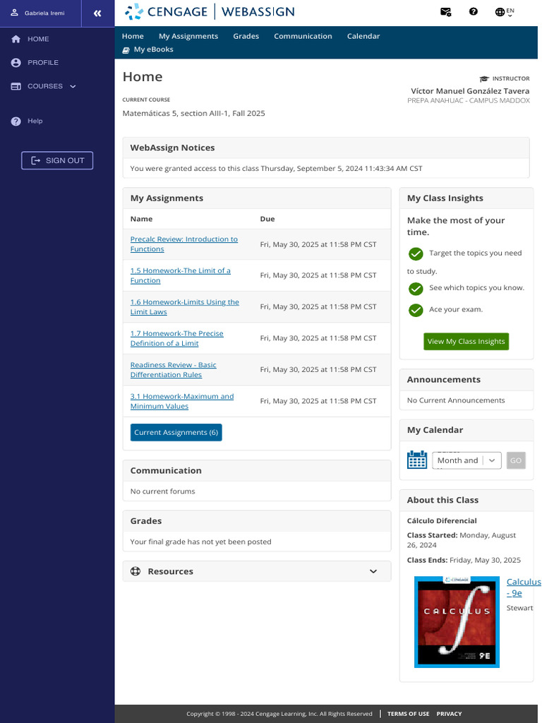 Matemáticas 5, Section AIII-1, Fall 2025 - Home WebAssign | PDF