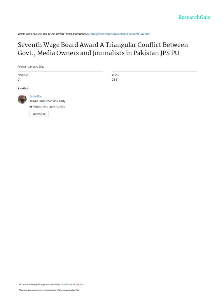 Seventh Wage Board Award A Triangular Con Ict Between Govt., Media ...