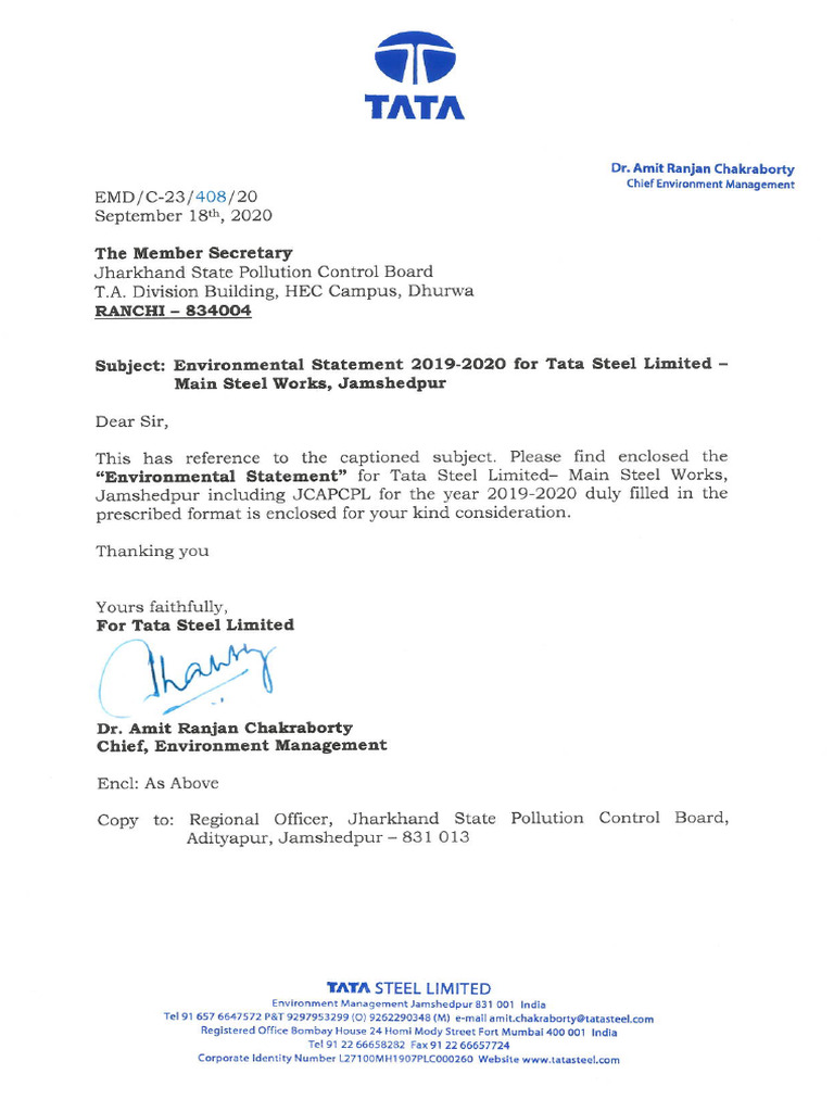 Environmental Statement Form 5 Tata Steel Limited Main Works Jamshedpur ...