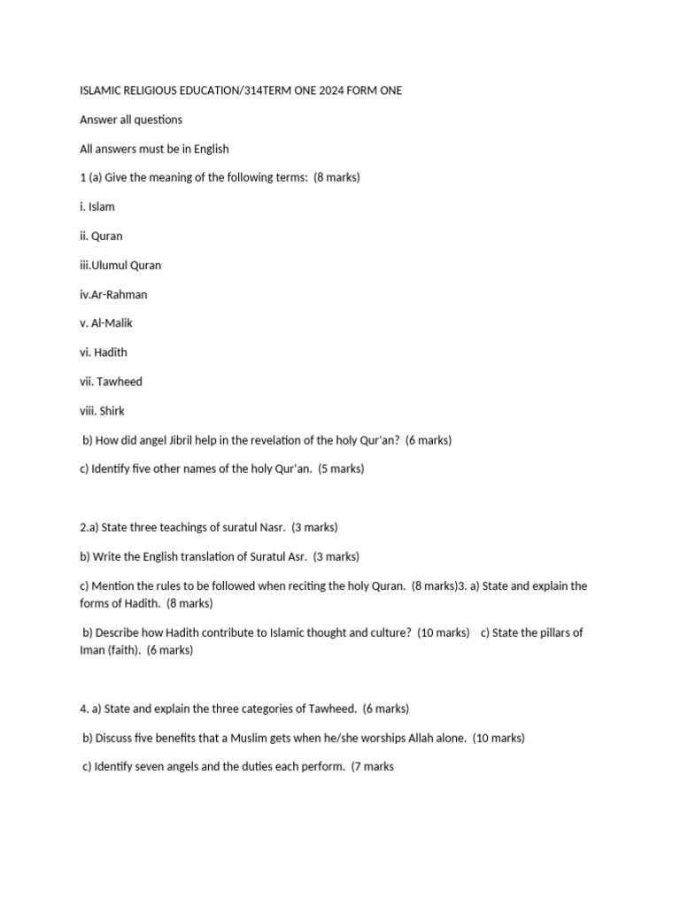 Form One Holiday Assignment | PDF | Quran | Islam