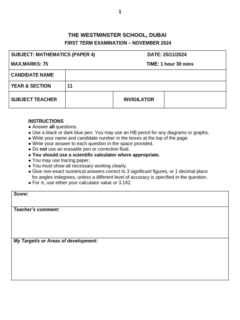 QP Yr 11 - p4 Mock-1 - Calculator Etd New | PDF | Sphere | Area
