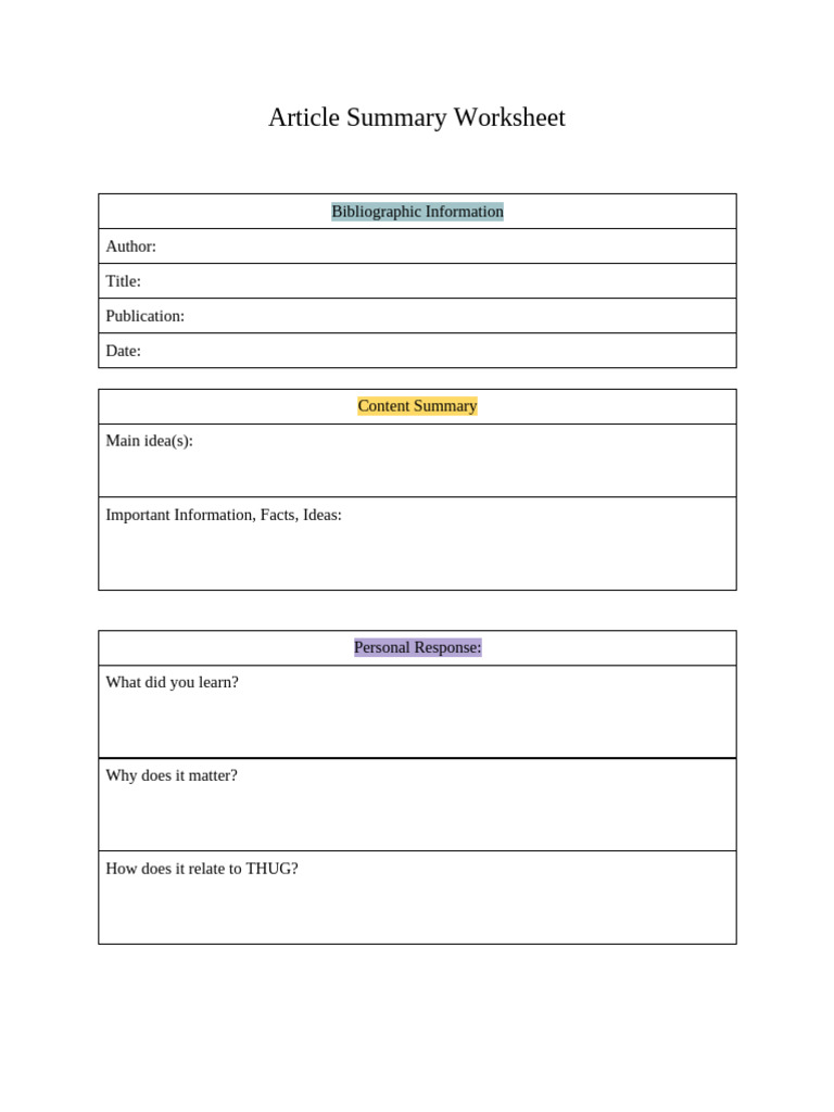 Article Summary Worksheet | PDF Article Summary Worksheet | PDF
