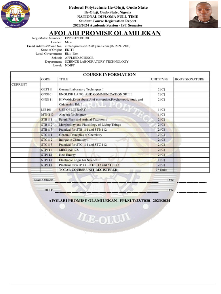 AFOLABI PROMISE OLAMILEKAN Courseform | PDF | Science