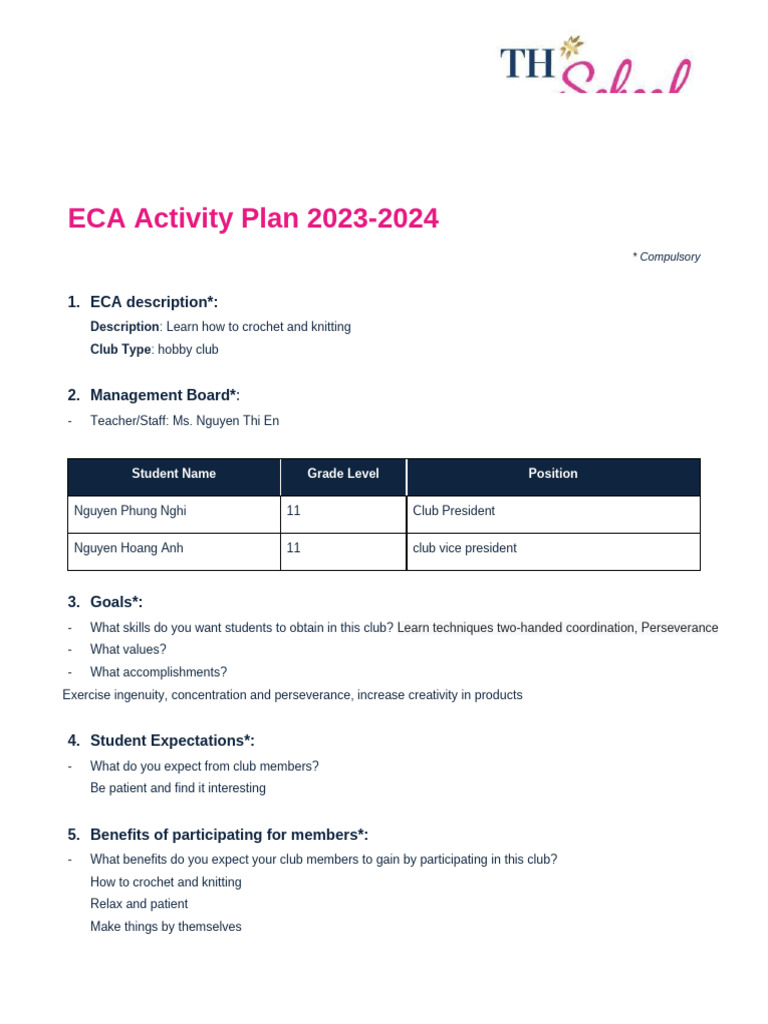 2023-24 Eca Activity Plan | PDF | Knitting | Yarn