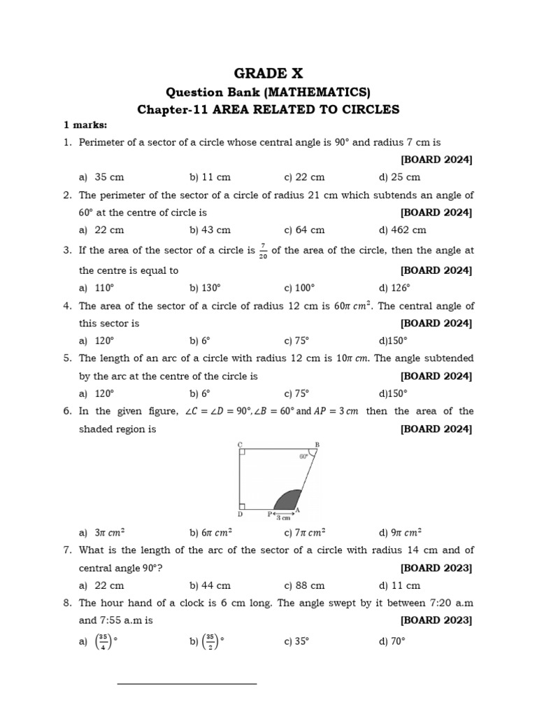 Class 10 Circle Area Question Bank | PDF | Circle | Area