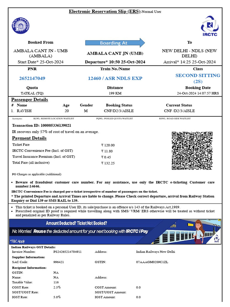 IRCTC ticket | PDF | Identity Document | Payments