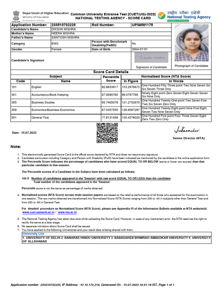 CUET(UG)-2023 Score Card for DIKSHA MISHRA | PDF
