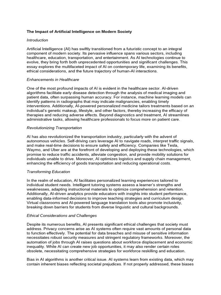 The Impact of Artificial Intelligence On Modern Society | PDF ...
