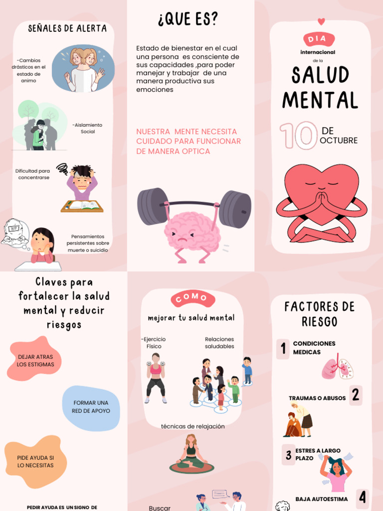 Folleto Tríptico Salud Mental y Bienestar Ilustrativo Rosa y Blanco ...