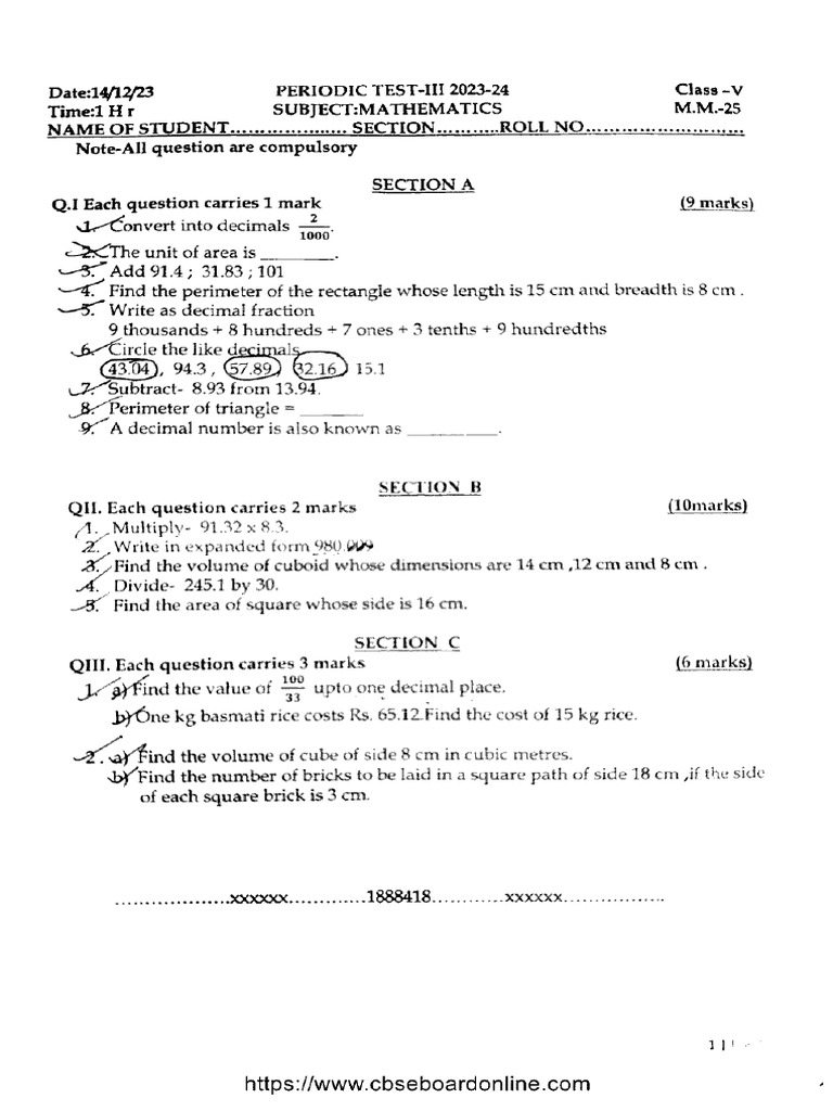 Cbse Class 5 Periodic Test 3 Mathematics 181223 Dec 2023 | PDF