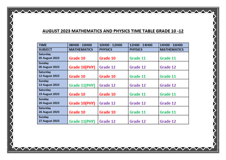 August TimeTable | PDF