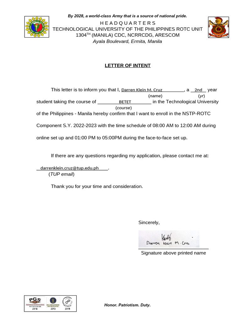 ROTC AY 2022-2023 Letter of Intent | PDF