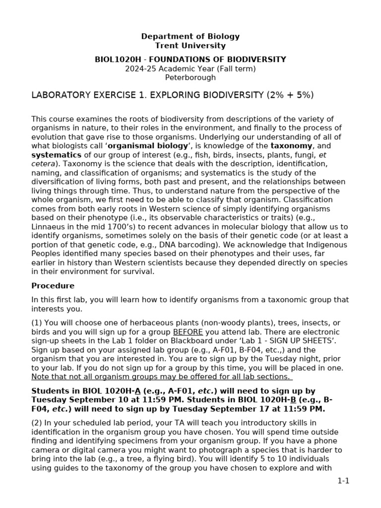 Lab 1 - Exploring Biodiversity 2024 - FINAL | PDF | Taxonomy (Biology ...