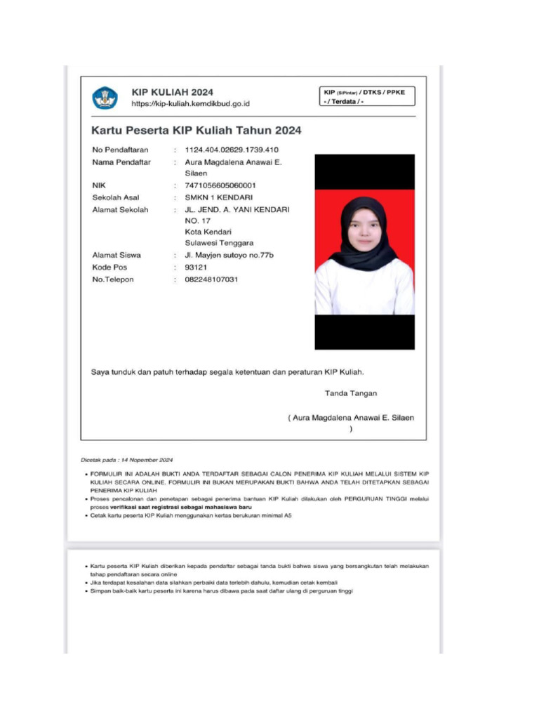 Formulir Pendaftaran KIP Kuliah (Aura Magdalena Anawai E. Silaen246601071) | PDF