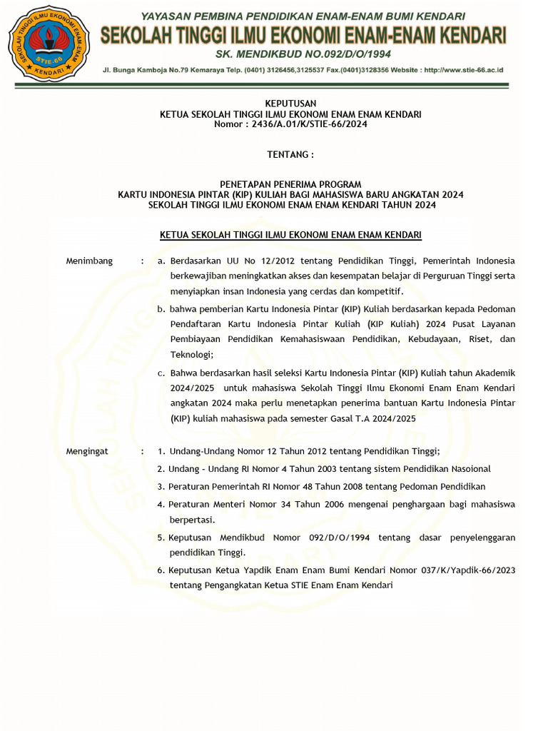 Penerima KIP Kuliah 2024 STIE Enam Enam | PDF