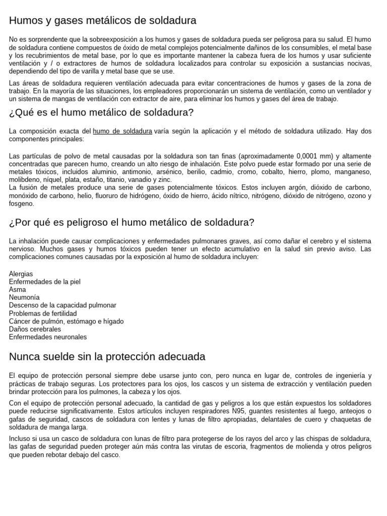 Humos y Gases Metálicos de Soldadur1 | PDF | Construcción | Soldadura