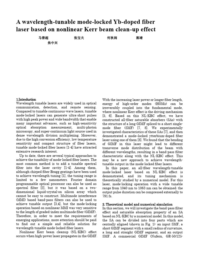 A wavelength-tunable mode-locked Yb-doped fiber laser based on ...