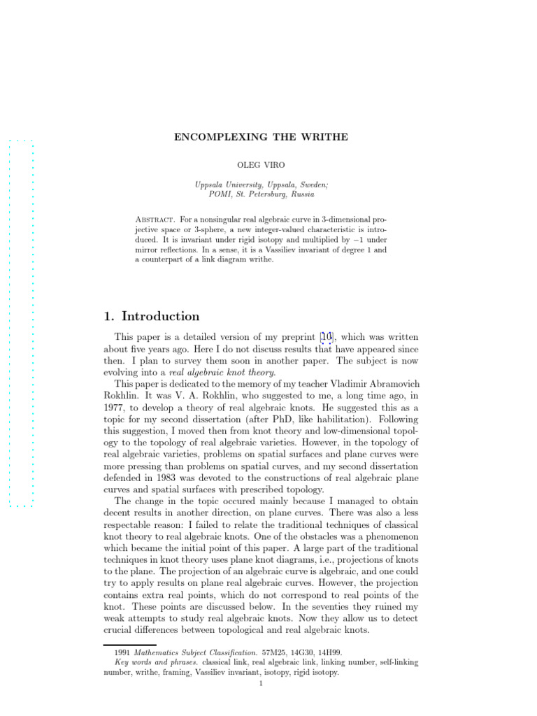 Encomplexing the Writhe in Knot Theory | PDF | Curve | Vector Space