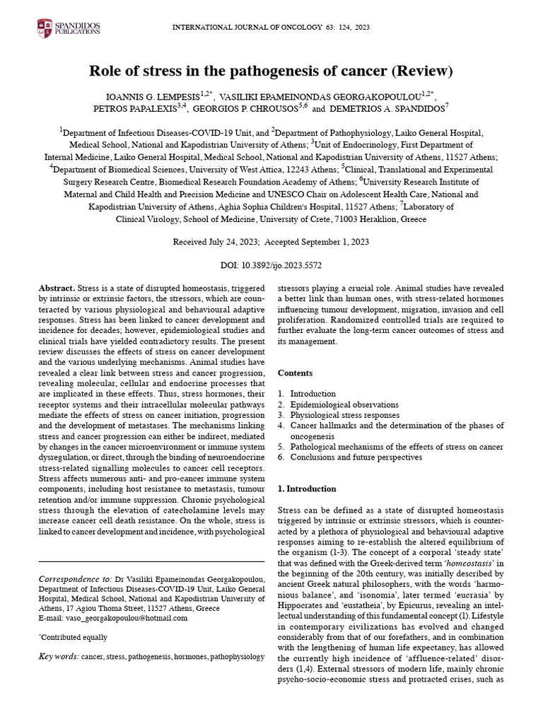 Lempesis Et Al 2023 Int J Oncol 63 124 | PDF | Stress (Biology ...