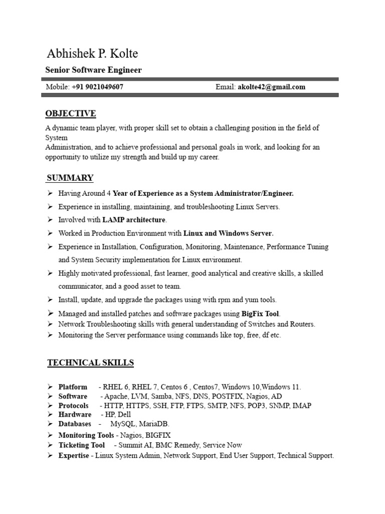 Abhishek Kolte System Admin CV PDF-2 | PDF | Computing | Computer Architecture