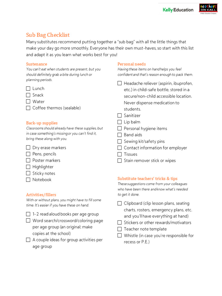 Sub bag checklist | PDF